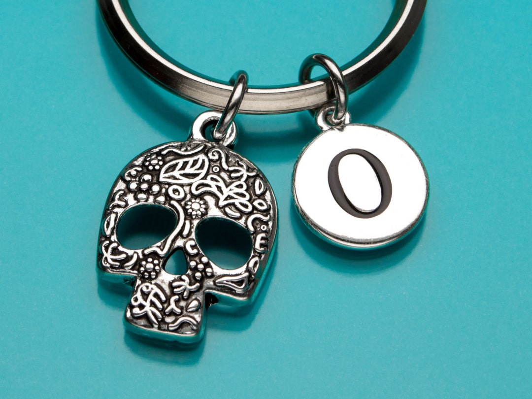 Sugar Skull Keychain, Sugar Skull Key Ring, Flower Skull, Initial ...