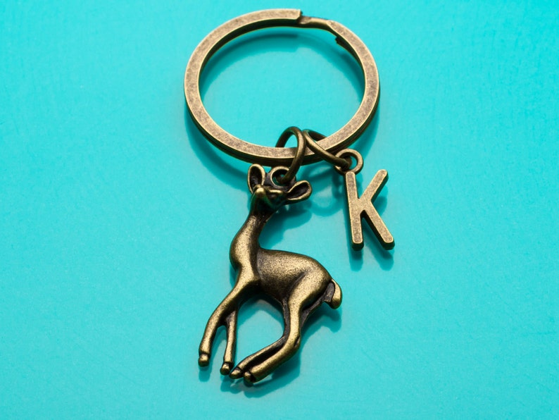 Deer Keychain, Bronze Sika Deer Key Ring, Animal Charm, Initial ...