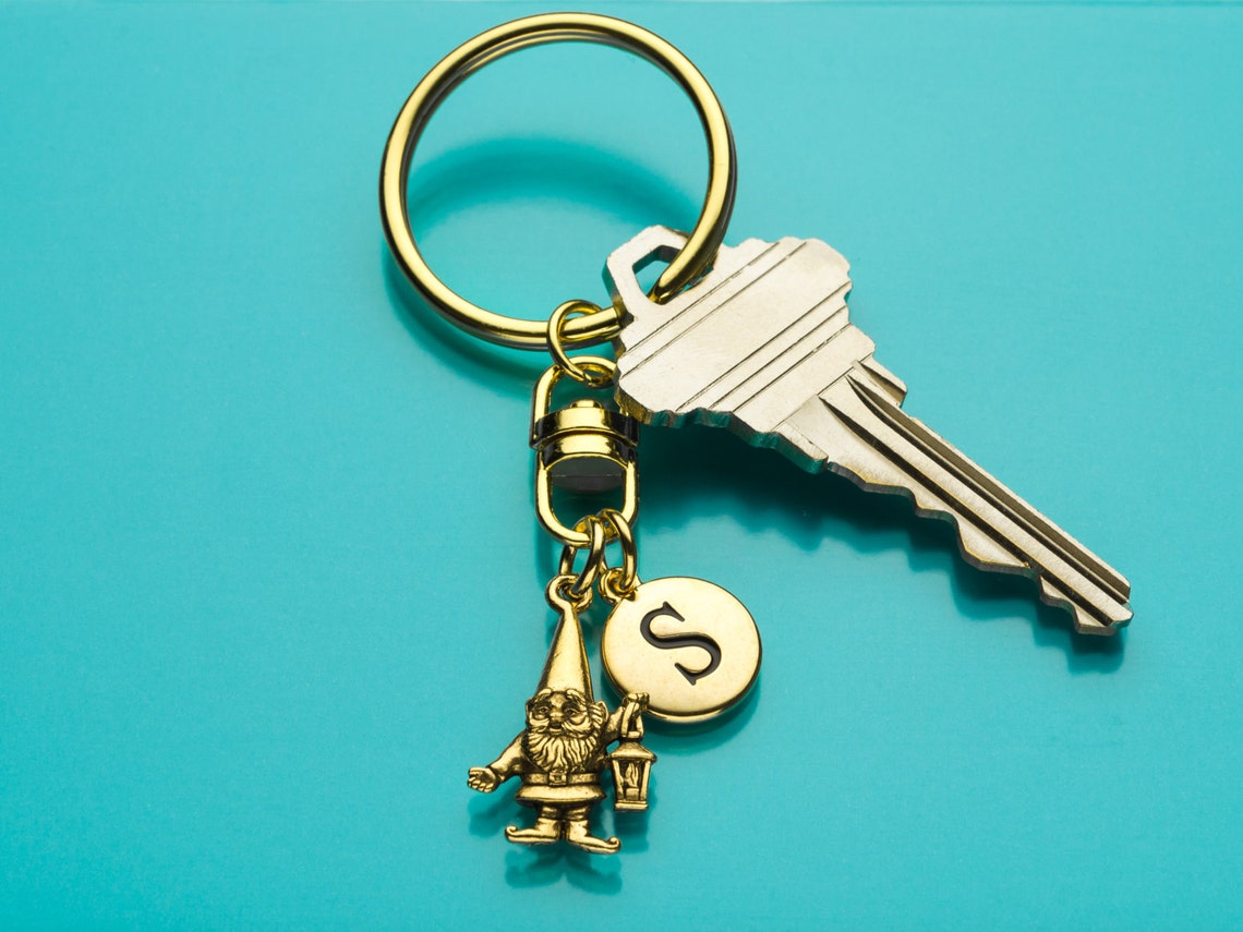 Gnome Keychain Gold Gnome Key Ring Good Luck Symbol Initial - Etsy