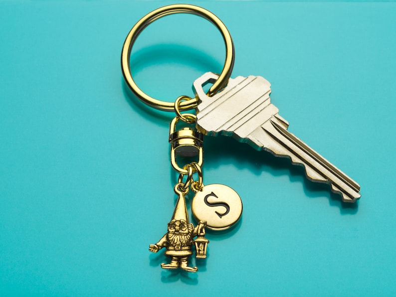 Gnome Keychain Gold Gnome Key Ring Good Luck Symbol Initial - Etsy