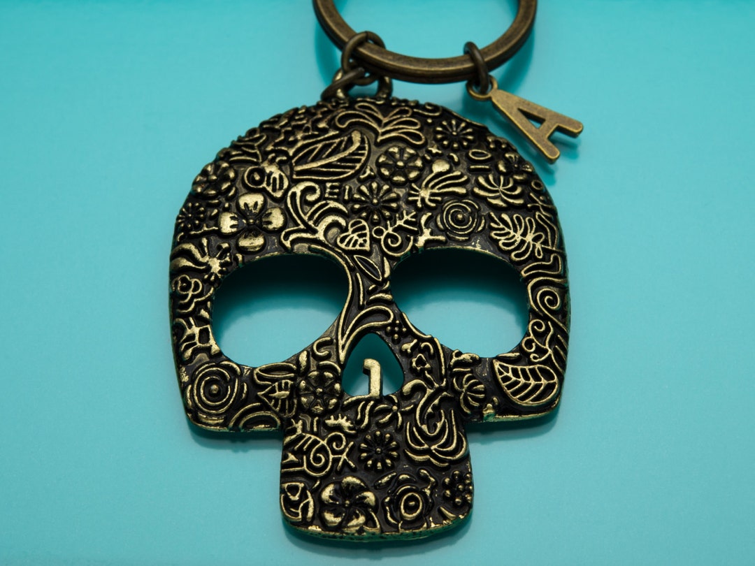 Sugar Skull Keychain, Huge Bronze Sugar Skull Key Ring, Giant Flower ...