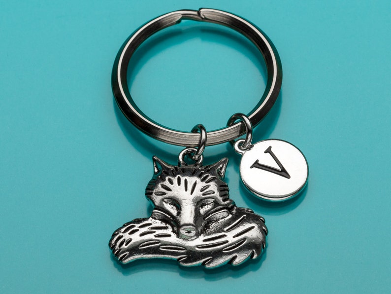 Silver Fox Keychain, Fox Key Ring, Fox Key Chain, Animal Charm, Initial ...