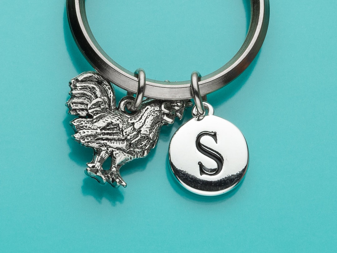 Rooster Keychain, Rooster Key Ring, Farm Animal Charm, Initial Keychain ...