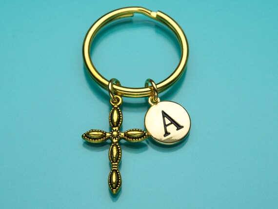 Cross Keychain Gold Cross Key Ring Marquise Cross Religious | Etsy