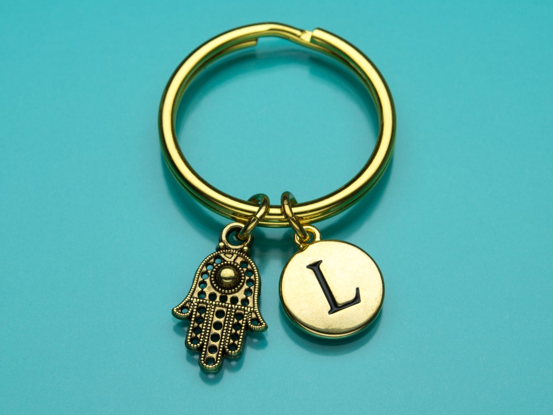 Hamsa Keychain, Gold Hamsa Key Ring, Evil Eye, Fatima's Hand, Initial ...