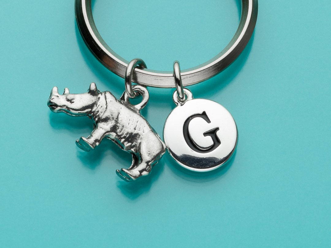 Rhinoceros Keychain, Rhinoceros Key Ring, Jungle Animal Charm, Initial ...