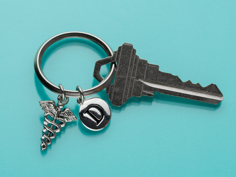Caduceus Keychain, Caduceus Key Ring, Doctor's Medical Symbol, Initial ...