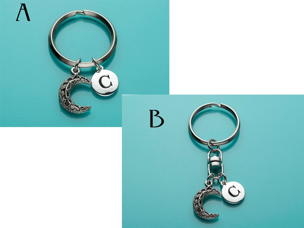 Crescent Moon, Crescent Moon Key Ring, Initial Keychain, Personalized ...