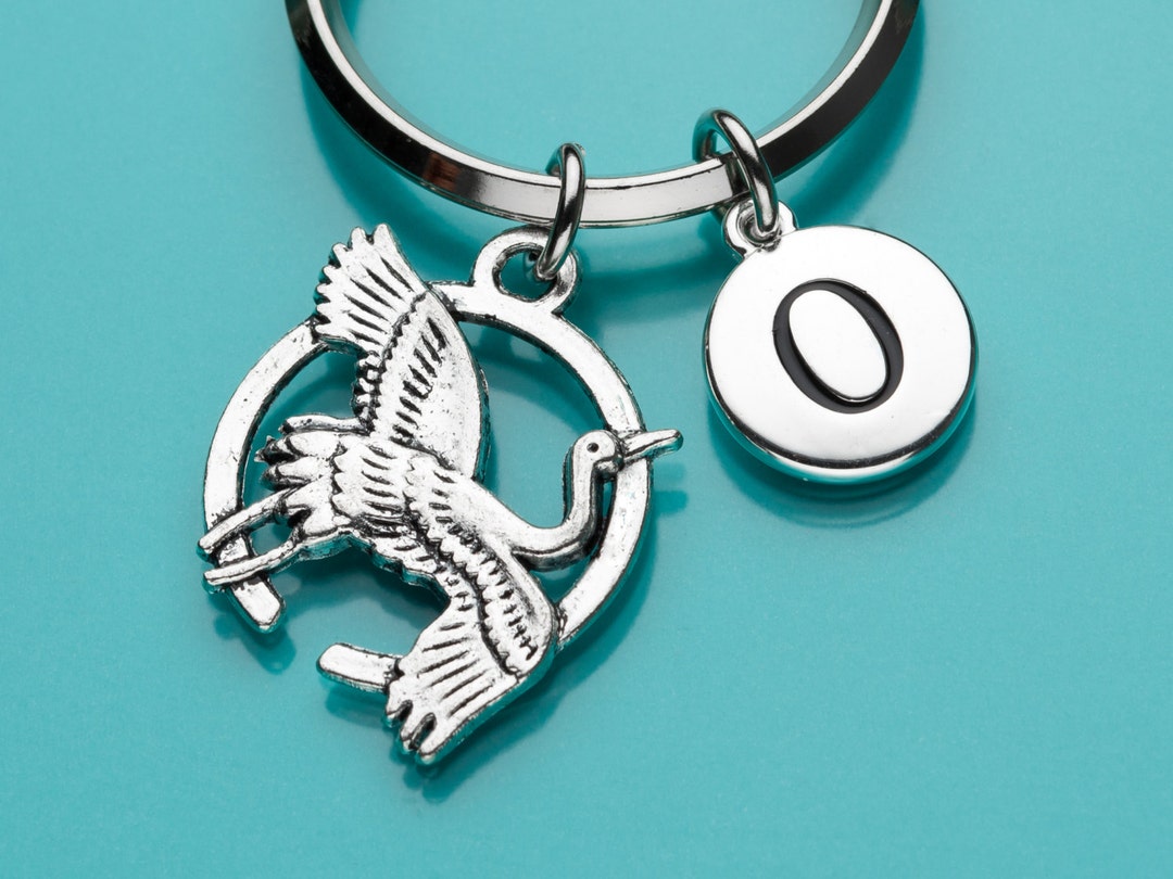 Crane Keychain, Art Nouveau Key Ring, Bird Charm, Initial Keychain ...