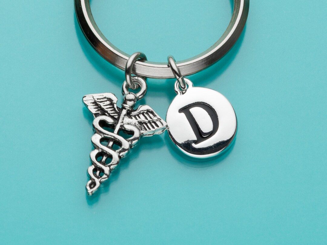 Caduceus Keychain, Caduceus Key Ring, Doctor's Medical Symbol, Initial ...