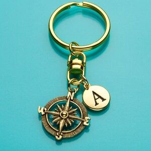 Compass Keychain, Gold Compass Key Ring, Initial Keychain, Personalized ...