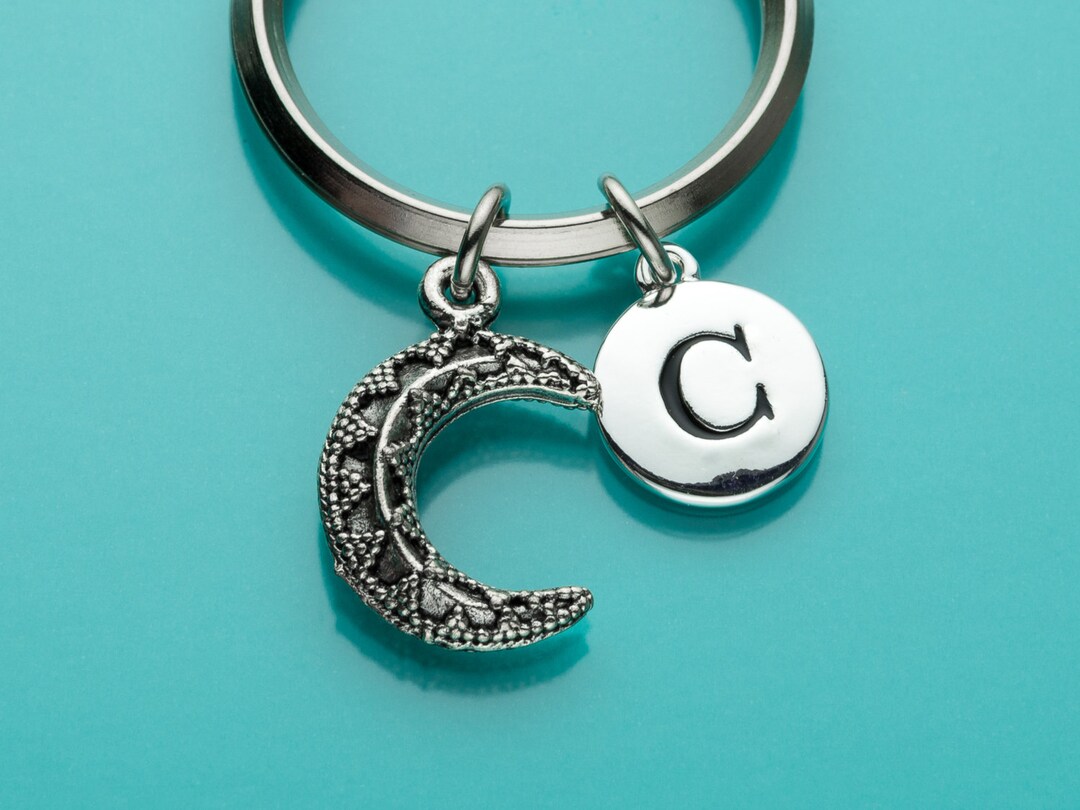 Crescent Moon, Crescent Moon Key Ring, Initial Keychain, Personalized ...