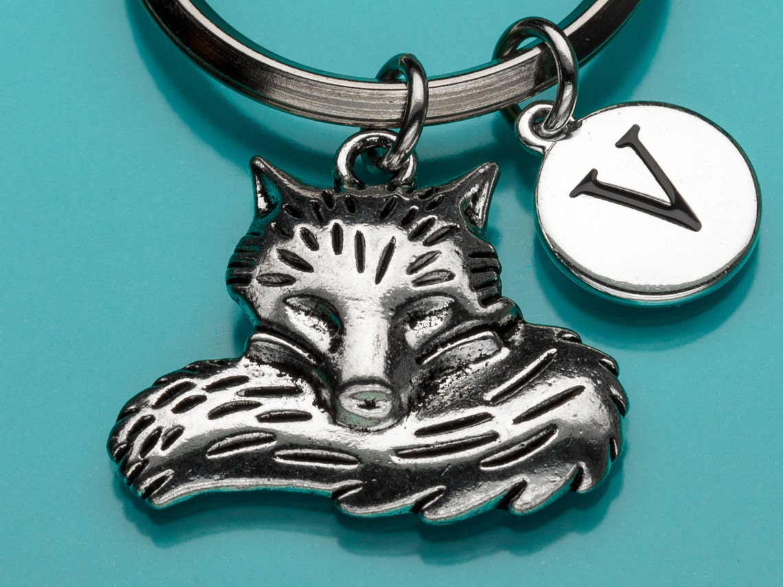 Silver Fox Keychain, Fox Key Ring, Fox Key Chain, Animal Charm, Initial ...