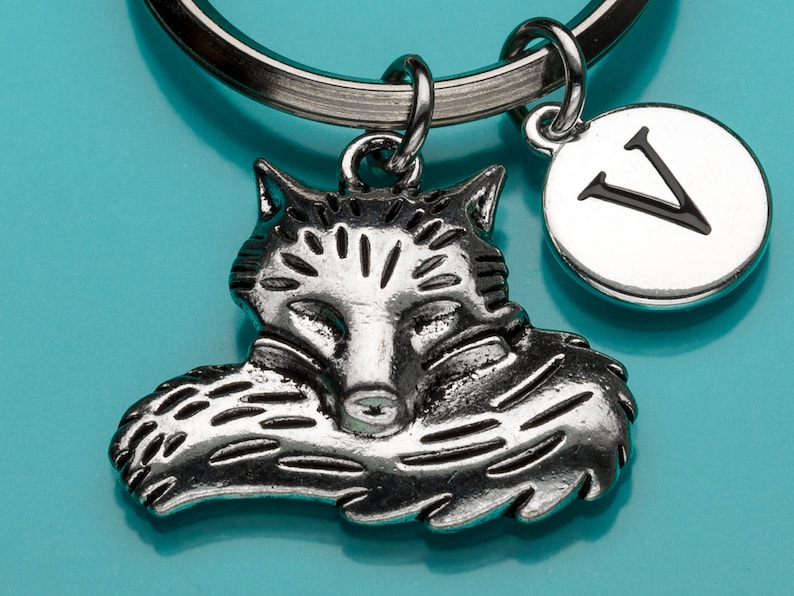 Silver Fox Keychain, Fox Key Ring, Fox Key Chain, Animal Charm, Initial ...