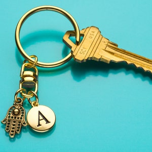 Hamsa Keychain, Gold Hamsa Key Ring, Evil Eye, Fatima's Hand, Initial ...