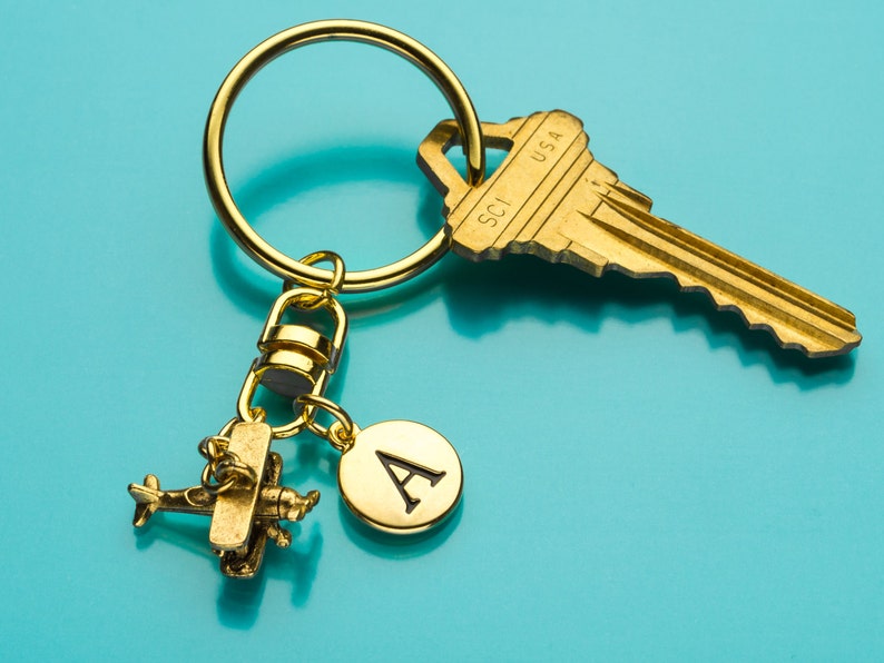 Propeller Plane Keychain, Gold Propeller Airplane Key Ring, Biplane ...
