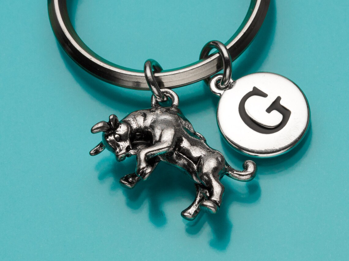 Bull Keychain, Bucking Bronco Key Ring, Bull Keyring, Initial Keychain ...