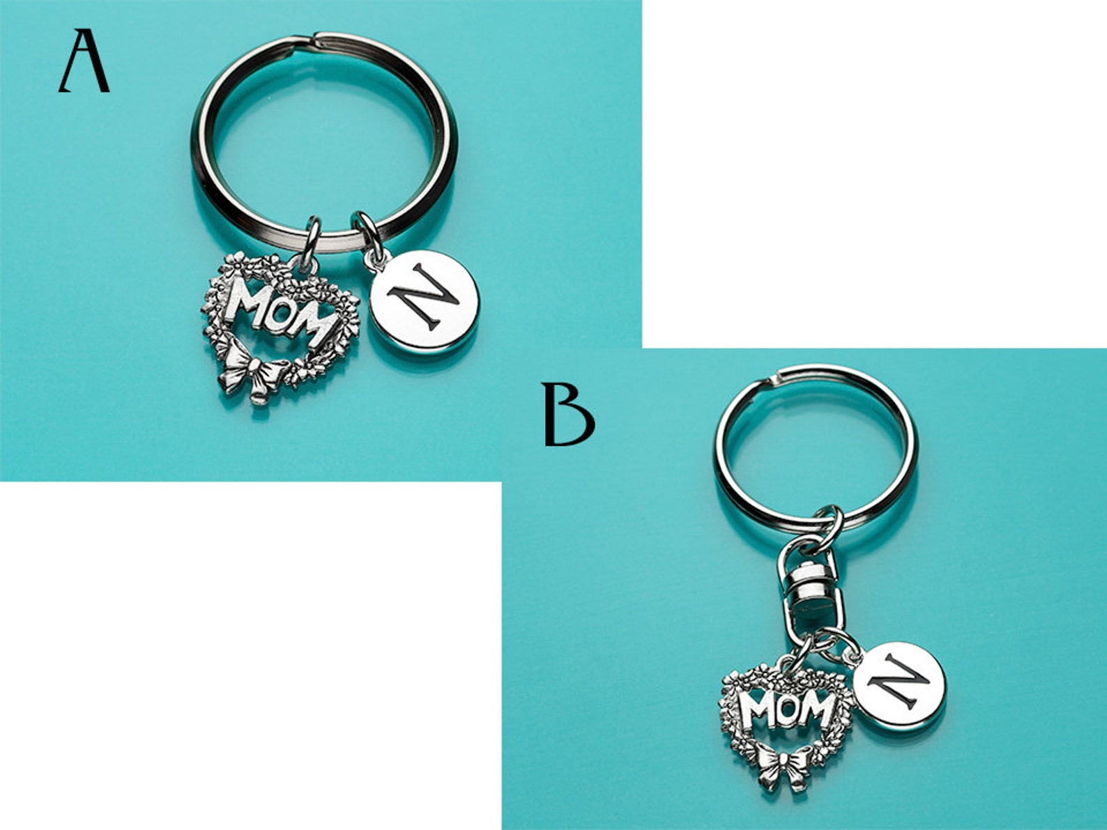 Mom Keychain Mom Key Ring Mom Wreath Mom Heart Initial - Etsy