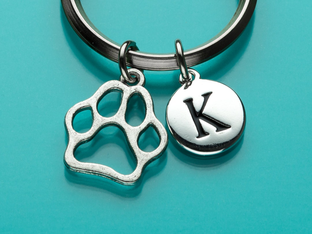Dog Paw Print Keychain, Dog Paw Print Key Ring, Dog Charm, Initial ...