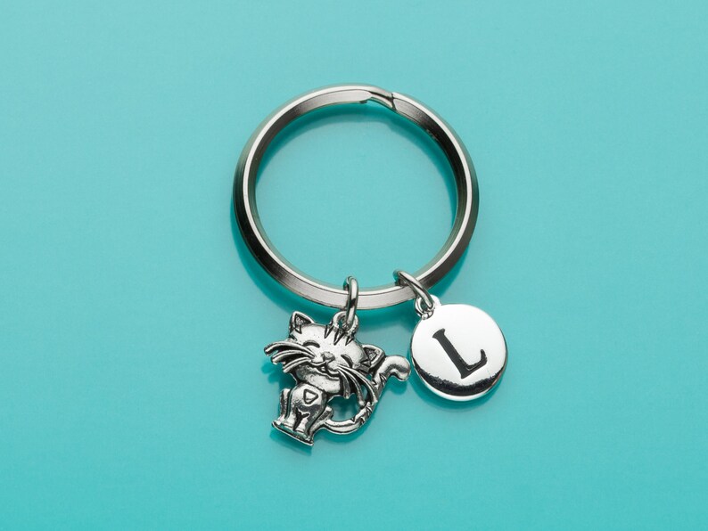 Cat Keychain Cute Cat Key Ring Initial Keychain | Etsy