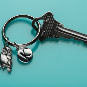 Barn Owl Keychain, Barn Owl Key Ring, Bird Charm, Initial Keychain ...