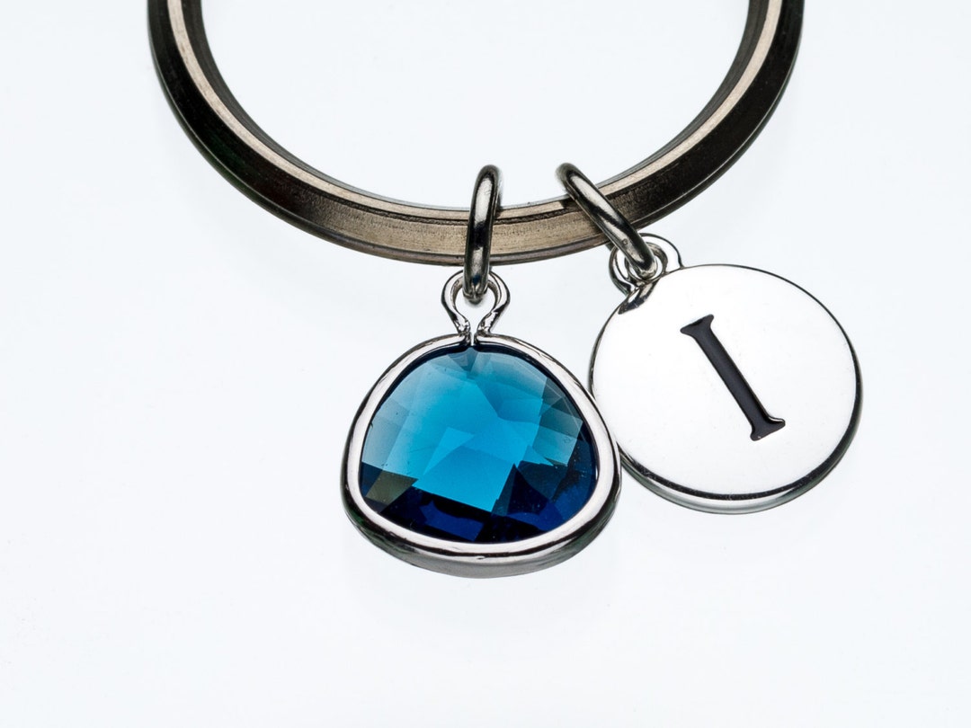 Sapphire Crystal Gem Keychain, Sapphire Crystal Gem Key Ring, Initial ...