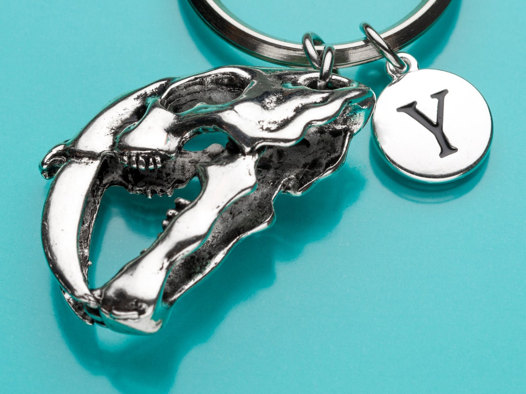 Dinosaur Skull Keychain, Dinosaur Skull Key Ring, Fossil, Initial ...