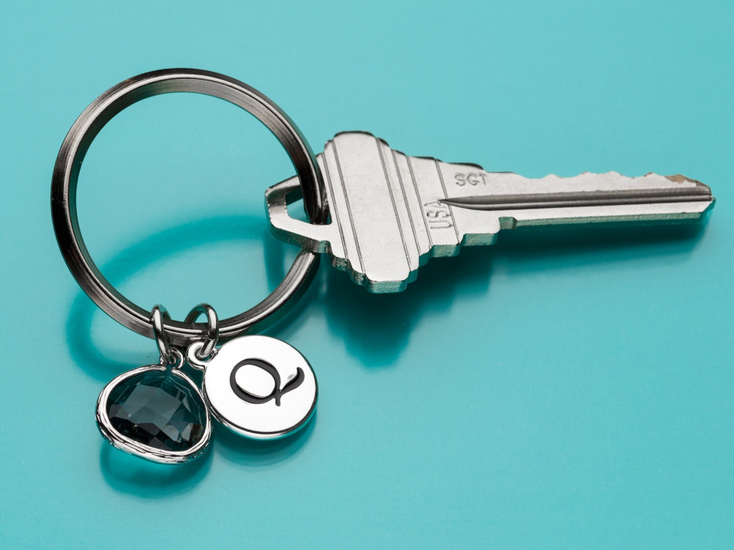 Charcoal Crystal Gem Keychain, Gray Crystal Gem Key Ring, Initial ...