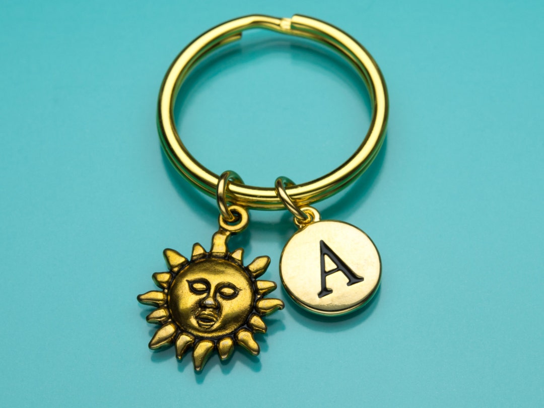 Sun Keychain, Gold Sun Key Ring, Sun God Charm, Initial Keychain ...