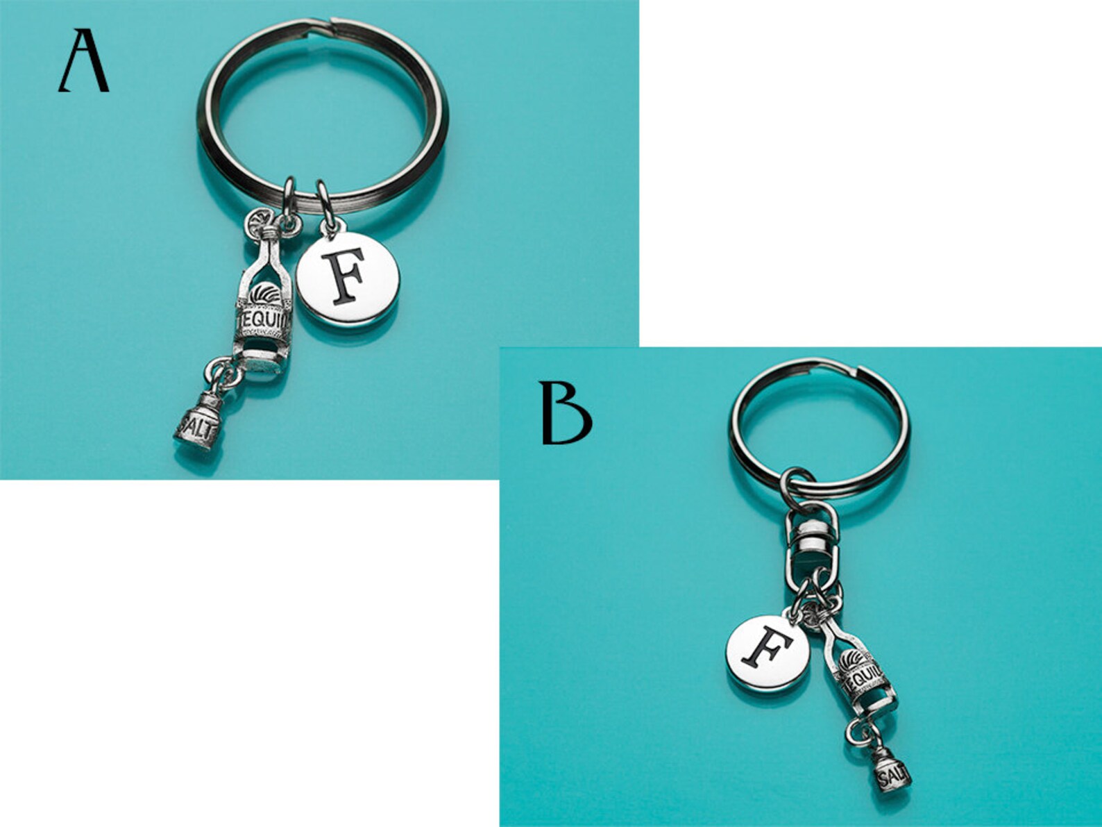 Tequila Keychain, Tequila Key Ring, Tequila Bottle and Salt, Initial ...