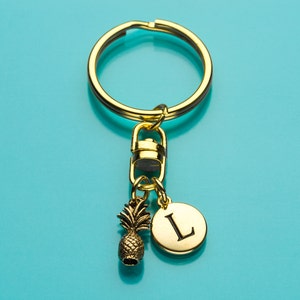 Pineapple Keychain, Gold Pineapple Key Ring, Food Charm, Initial ...