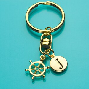 Helm Keychain, Gold Helm Key Ring, Ship Wheel Charm, Initial Keychain ...