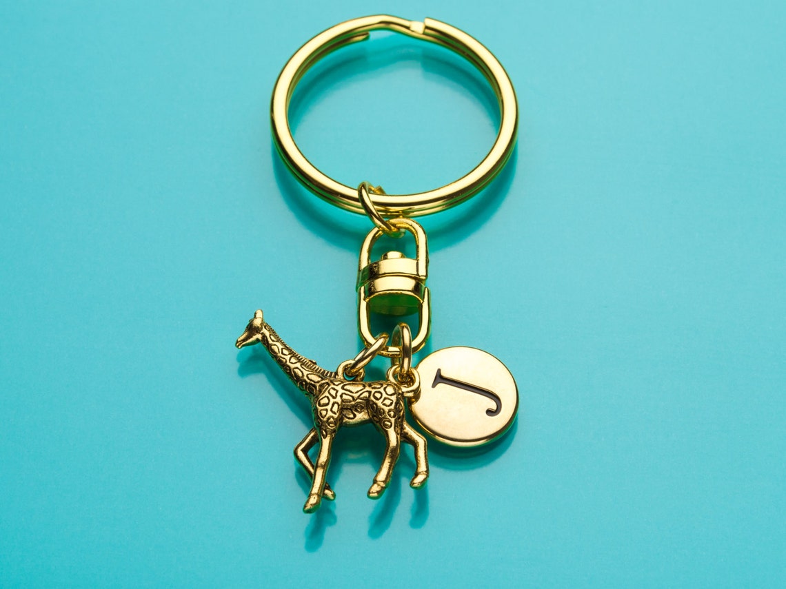Giraffe Keychain Gold Giraffe Key Ring Initial Keychain | Etsy