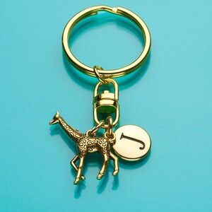Giraffe Keychain, Gold Giraffe Key Ring, Initial Keychain, Animal Charm ...