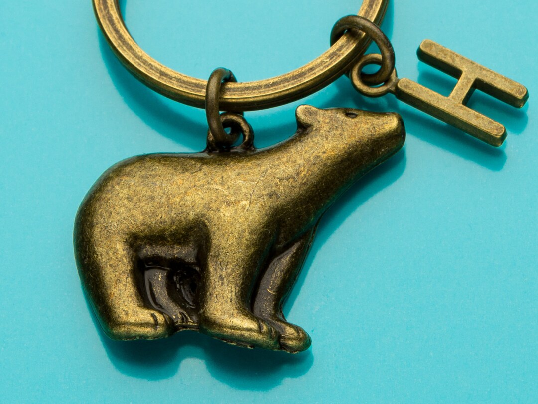 Polar Bear Keychain, Bronze Polar Bear Key Ring, Animal Charm, Initial ...