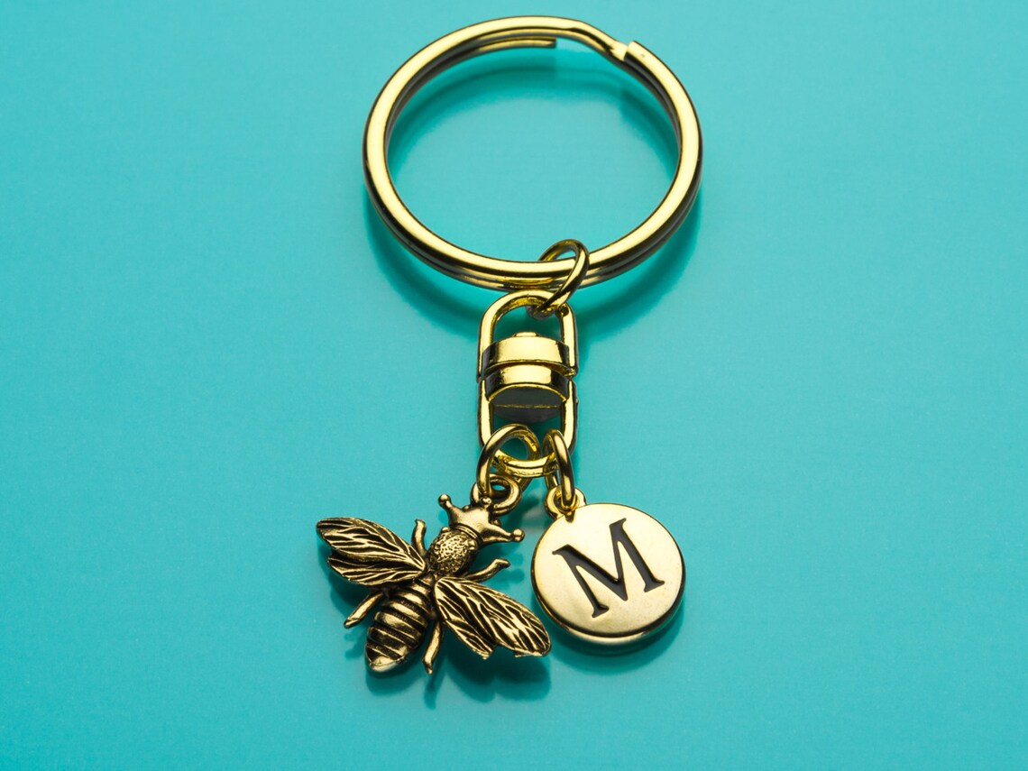 Queen Bee Keychain, Gold Queen Bee Key Ring, Bumble Bee Charm, Initial ...