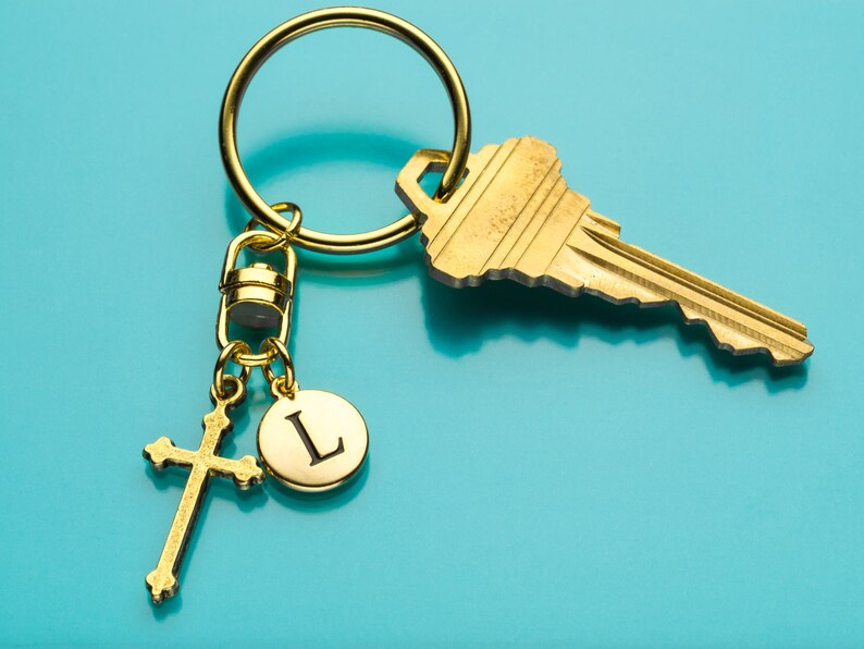 Cross Keychain Gold Cross Key Ring Religious Symbol Initial - Etsy