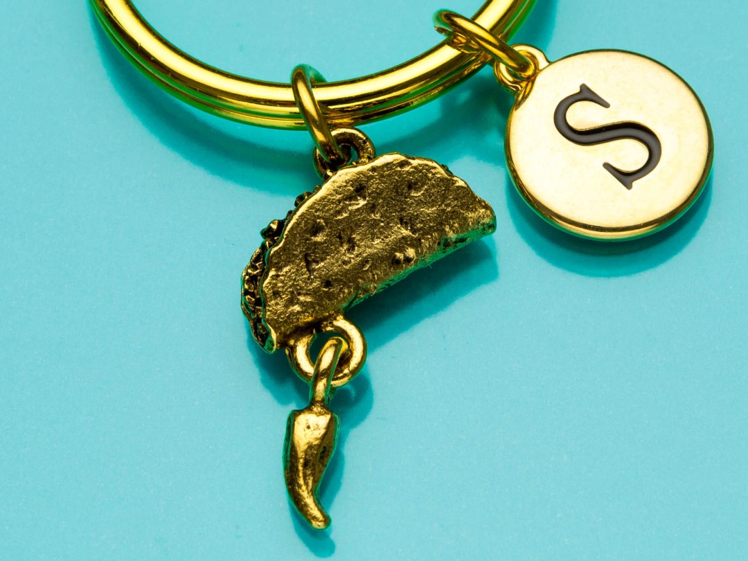 Taco Keychain, Gold Taco Chili Pepper Key Ring, Tortilla Charm, Mexican ...