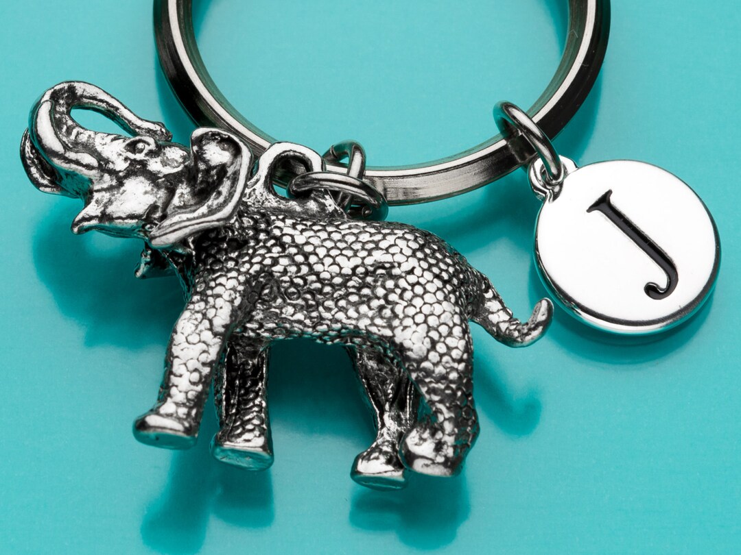 Elephant Keychain, Textured Elephant Key Ring, Animal Charm, Initial ...