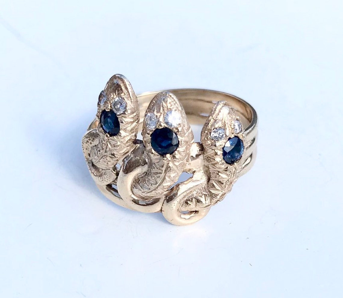 Antique Edwardian 14K Gold Triple Snake Ring Sapphires | Etsy
