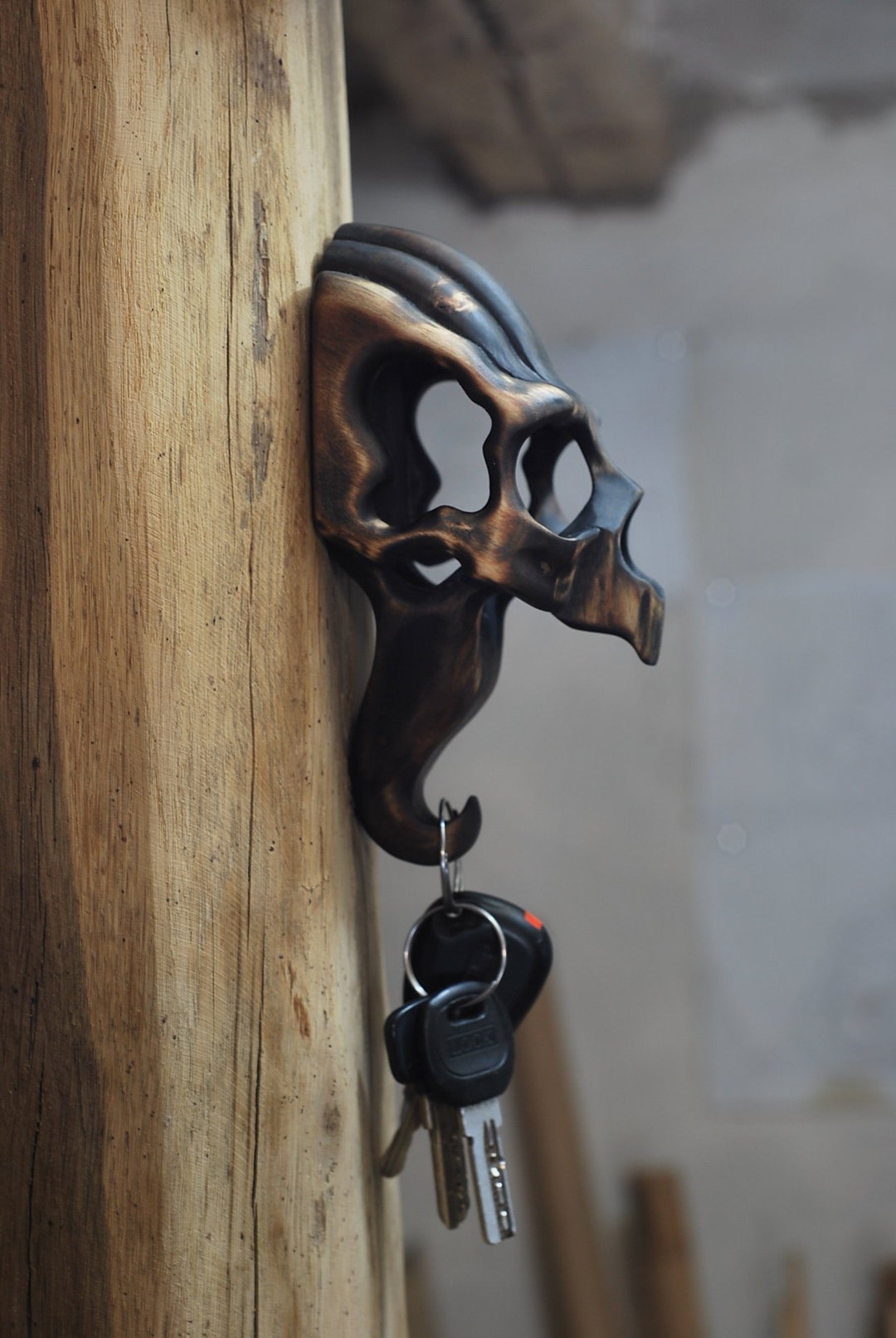 Holder Key Wood Skull Hook for Wall Gothic Gift for Him Wooden ...