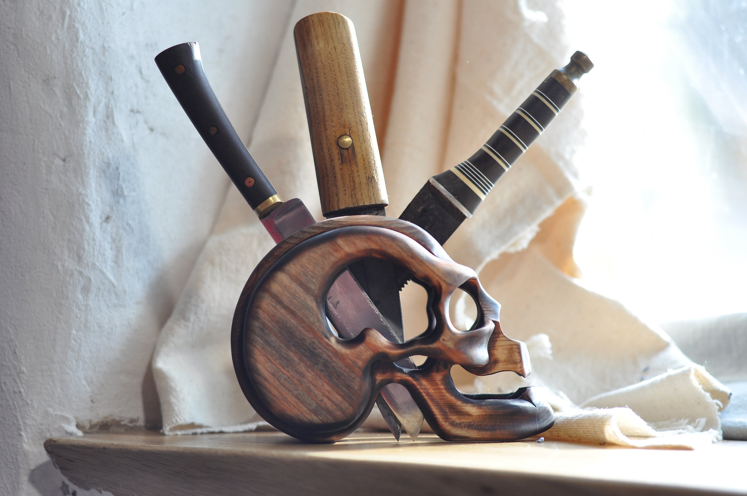 Wood skull knife stand for 3 or 5 knafes wood knife holder | Etsy