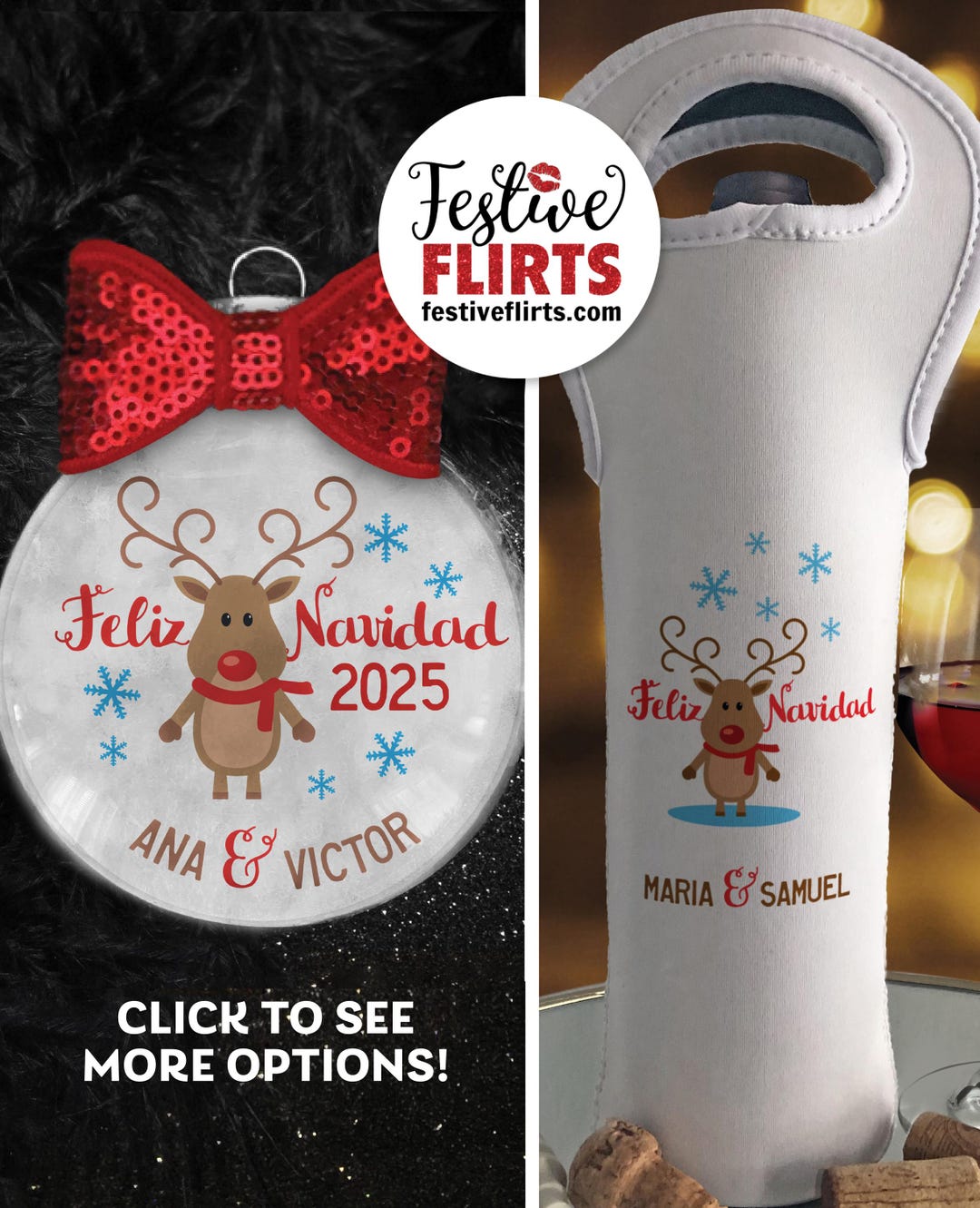 Personalized Feliz Navidad Reindeer Ornament or Wine Bag: Spanish ...
