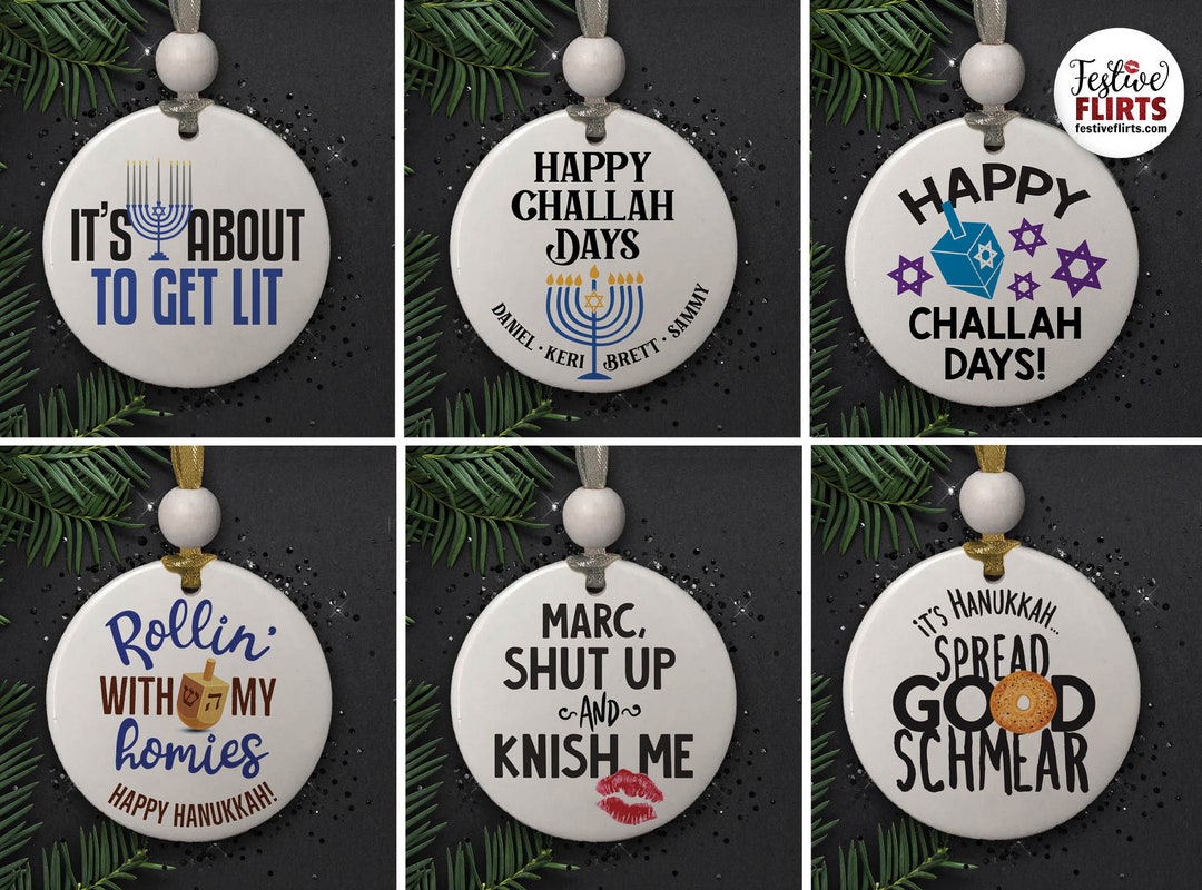 Funny Hanukkah Ceramic Ornaments, Jewish Holiday Puns, Menorah, Dreidel ...
