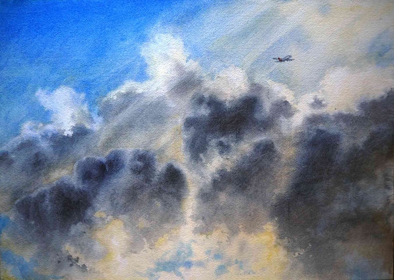 Dramatic Sky, Airplane Watercolour Painting, Landscape Painting, Clouds ...