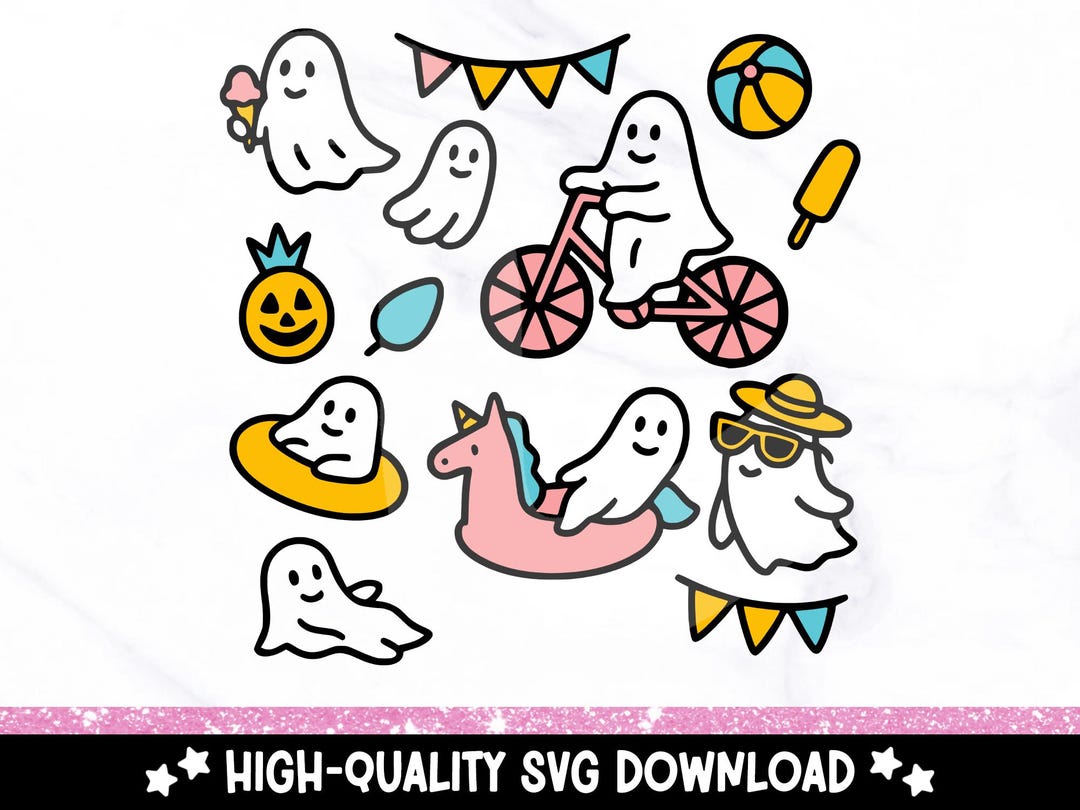 Summerween Ghost SVG Clipart, Cute Summer Ghosts SVG Bundle, Doodled ...