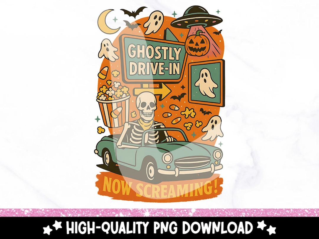 Spooky Drive-in Halloween Clipart: Retro Horror Skeleton PNG (digital ...