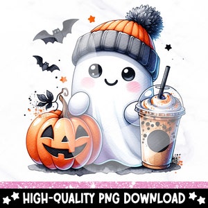 Cute Fall Ghost PNG, Halloween Coffee Clipart, Spooky Sublimation ...