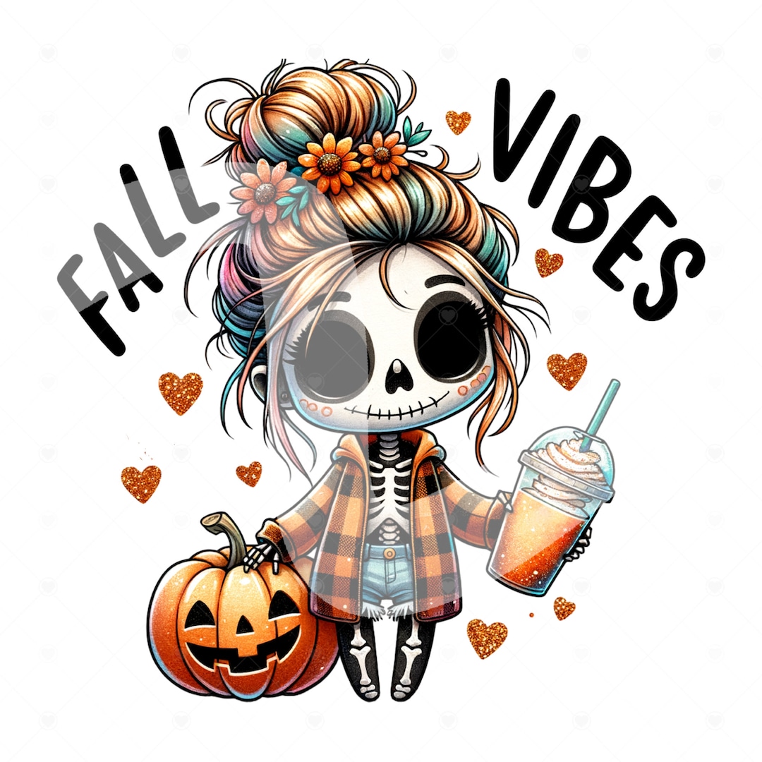 Cute Fall Vibes PNG, Skeleton Halloween Clipart, Fall Coffee ...
