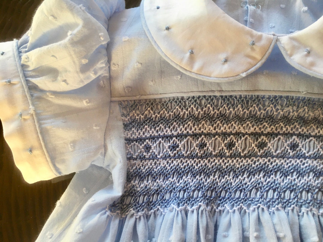 Hand Smocked Blue Clipped Spot Cotton Baby Romper or Bubble Size 6 ...